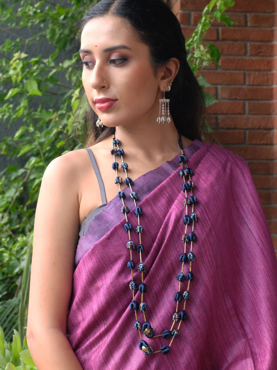 Indigo Mashru Ajrak Pipe Mala – Pure Ghee Designs